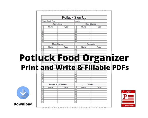 Potluck Dinner Menu Sign up Form Print and Write and Fillable - Etsy