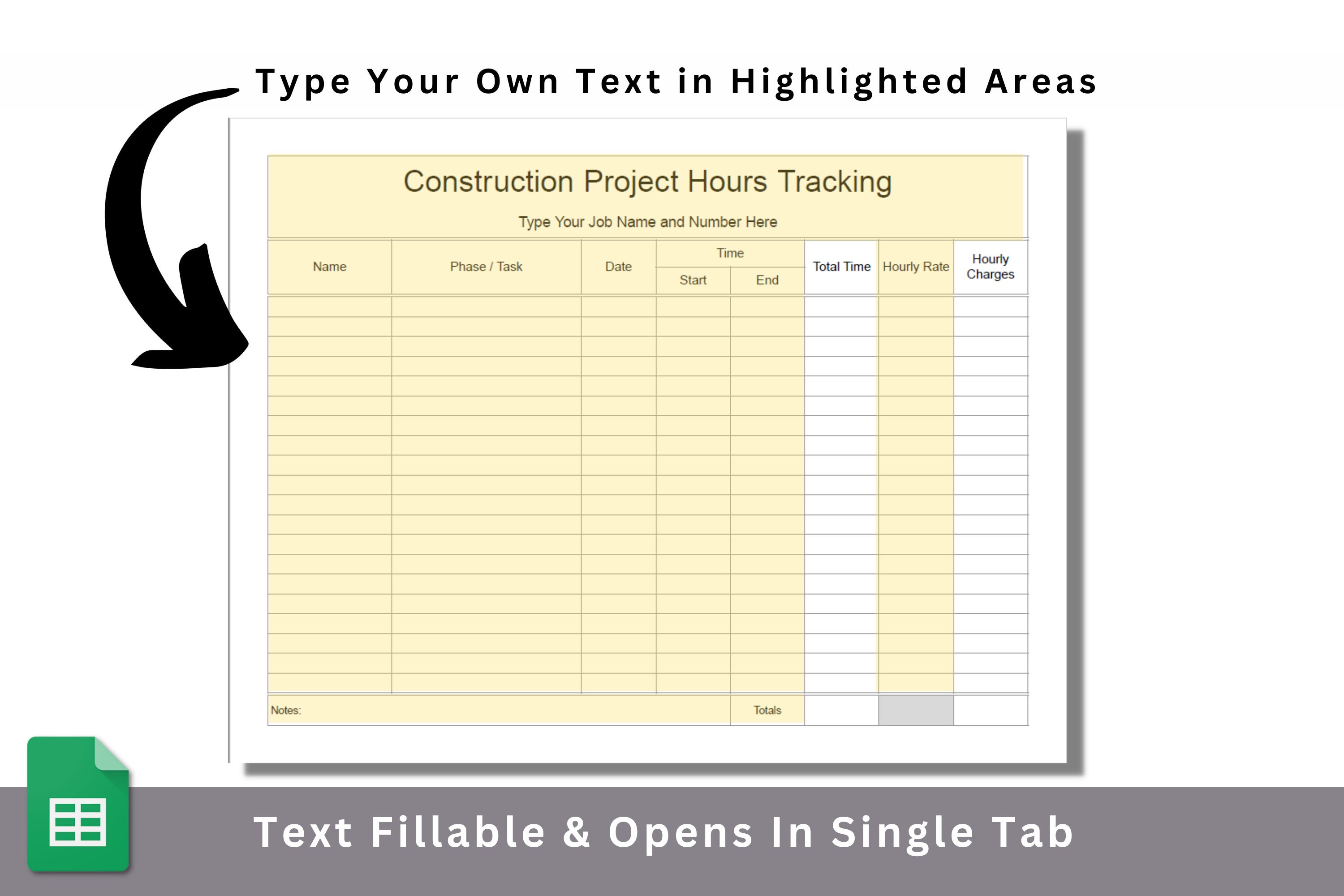 Google Sheets Construction Project Hours Tracker Text Fillable / Text ...