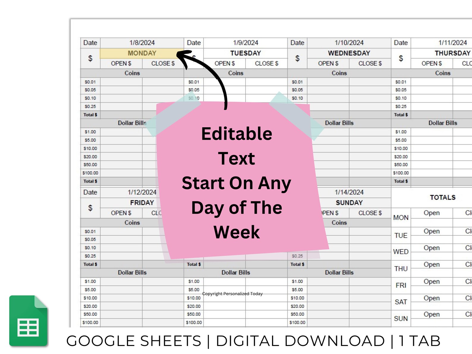 Weekly Cash Register Count Breakdown Template With Blank Dates Google ...