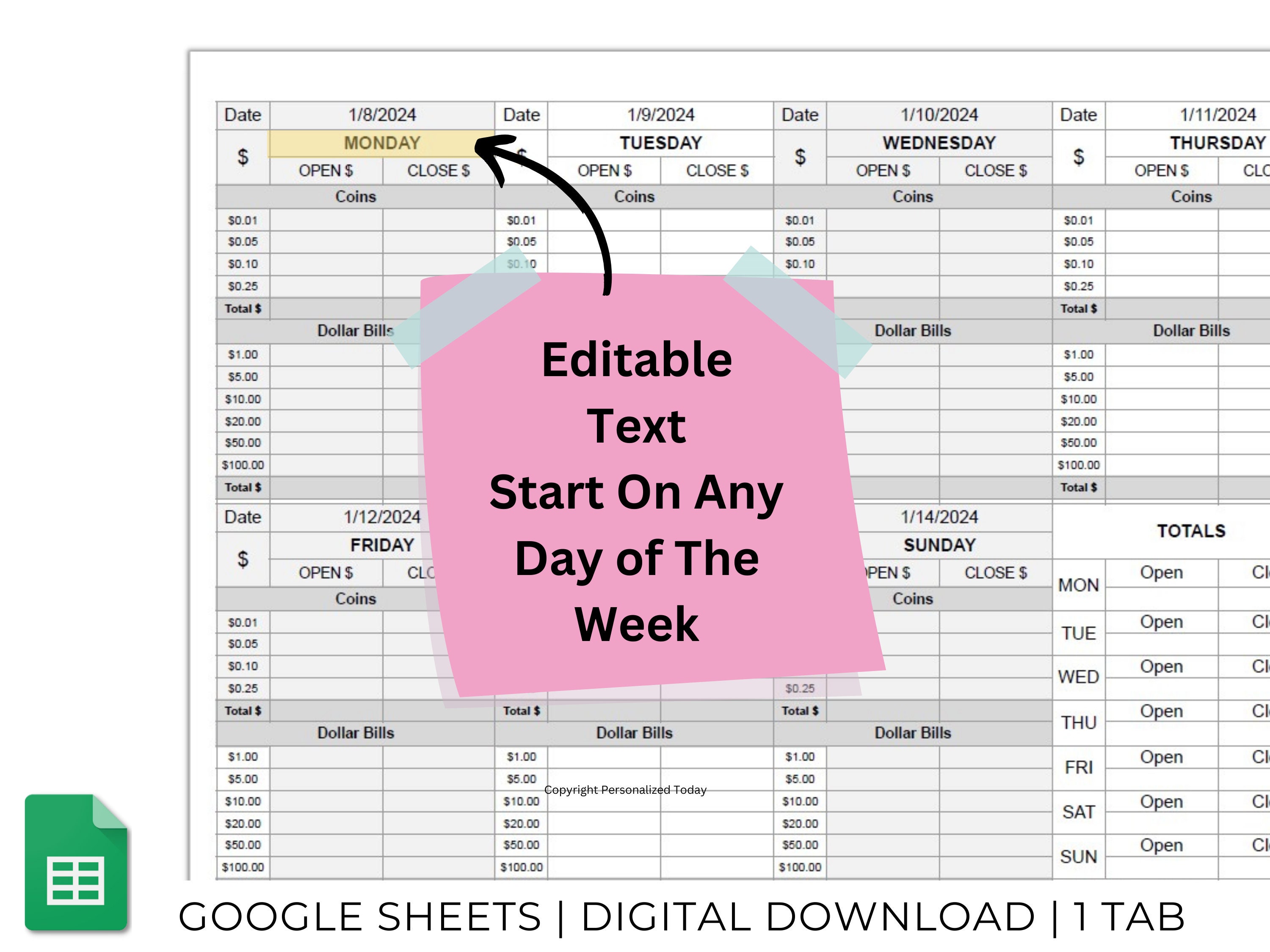 Weekly Cash Register Count Breakdown Template With Blank Dates Google ...