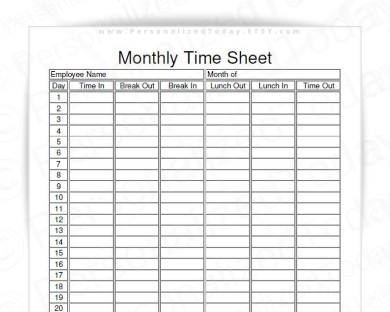 Monthly Employee Timesheet Fillable And Printable PDF Digital Download