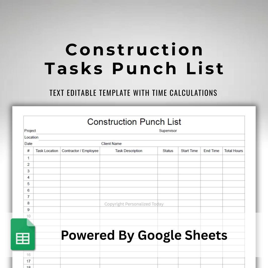 Construction Punch Out List Google Sheets Labor Hours and Tasks Form ...