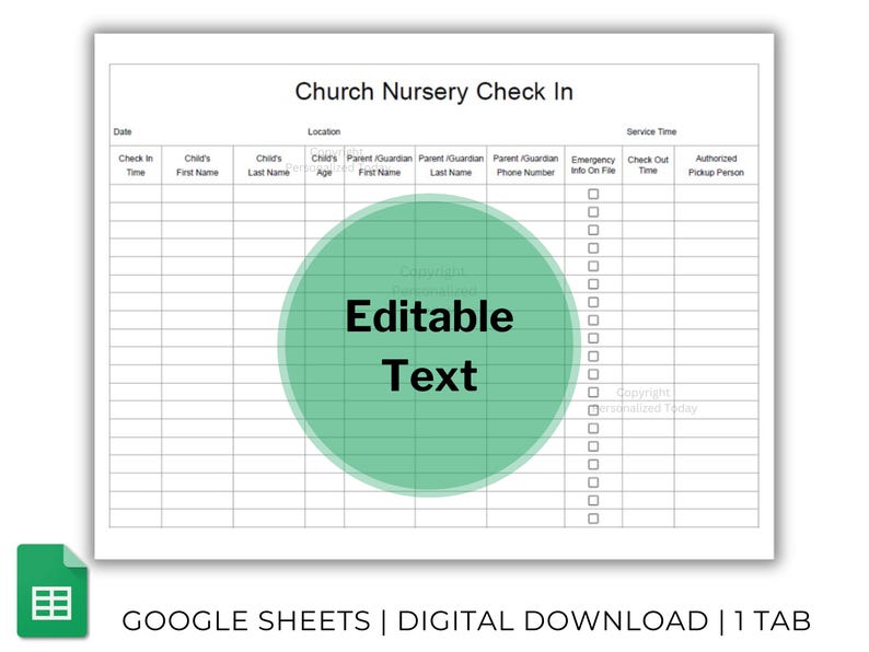 Google Sheets Church Nursery Check in and Out Sheet - Kids Church ...