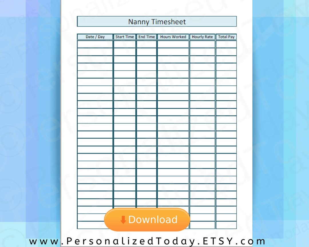 Printable Nanny Time Sheet US Letter Size 8.5 X 11 Inches - Etsy