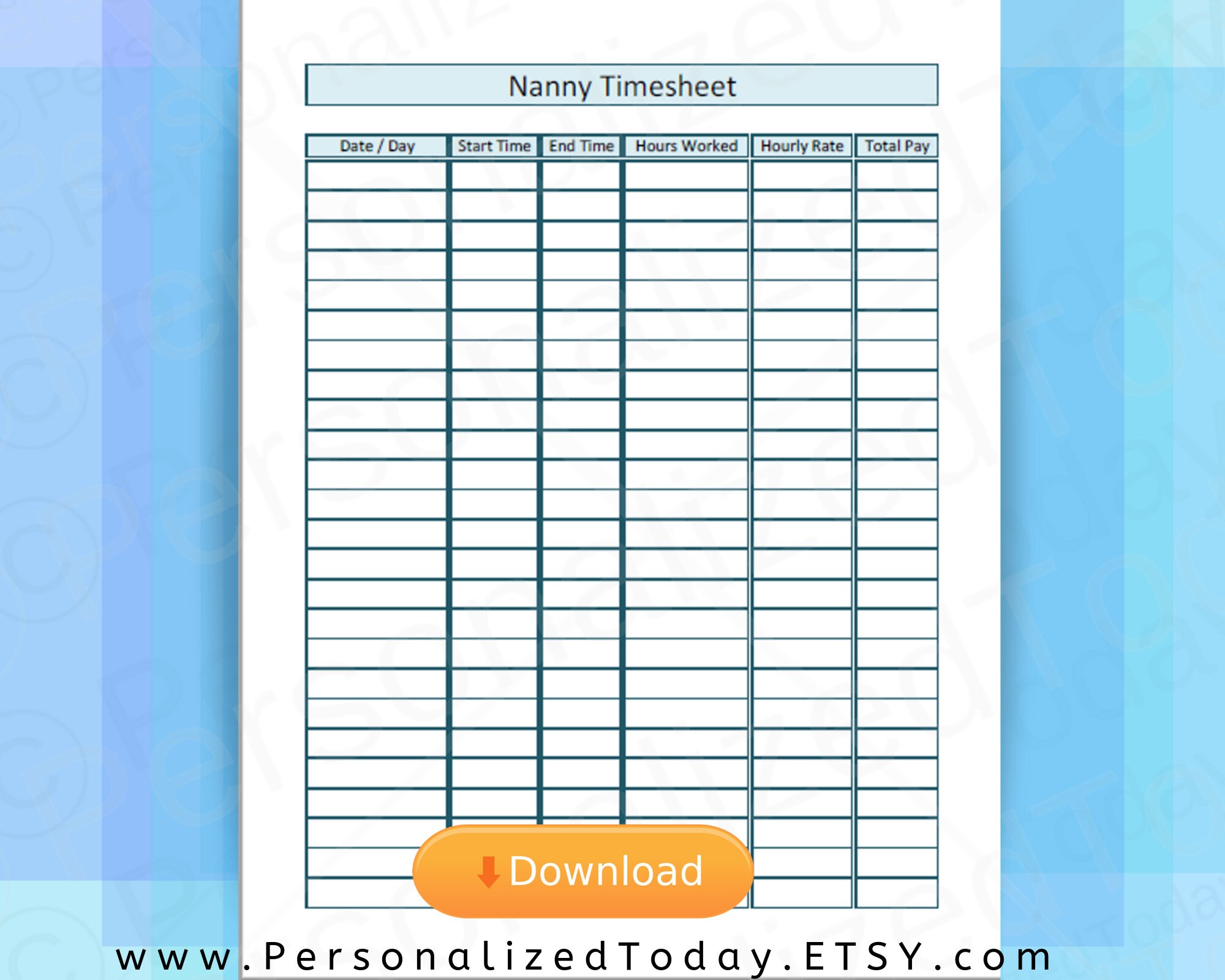 Printable Nanny Time Sheet US Letter Size 8 5 X 11 Inches Etsy Canada