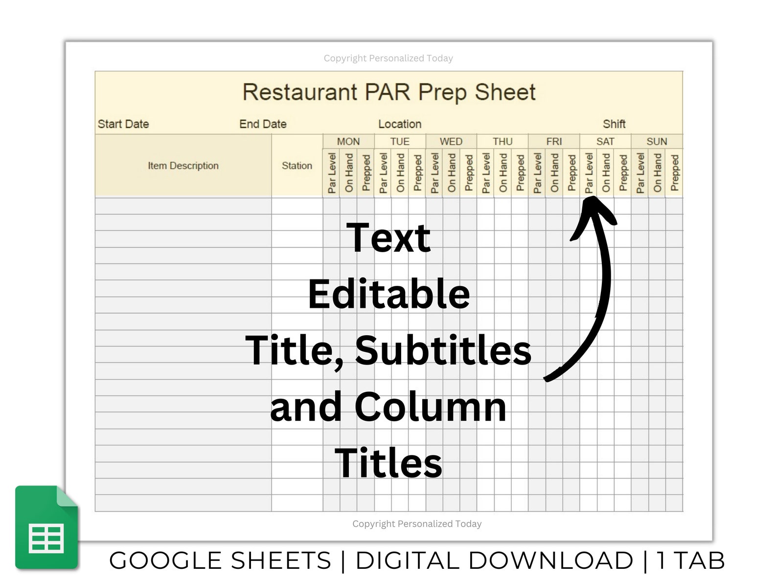 Restaurant Inventory PAR Prep Sheet Monday Start - Text Editable Google Sheets Template ...