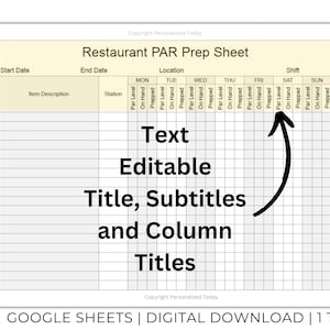Restaurant Inventory PAR Prep Sheet Monday Start - Text Editable Google ...