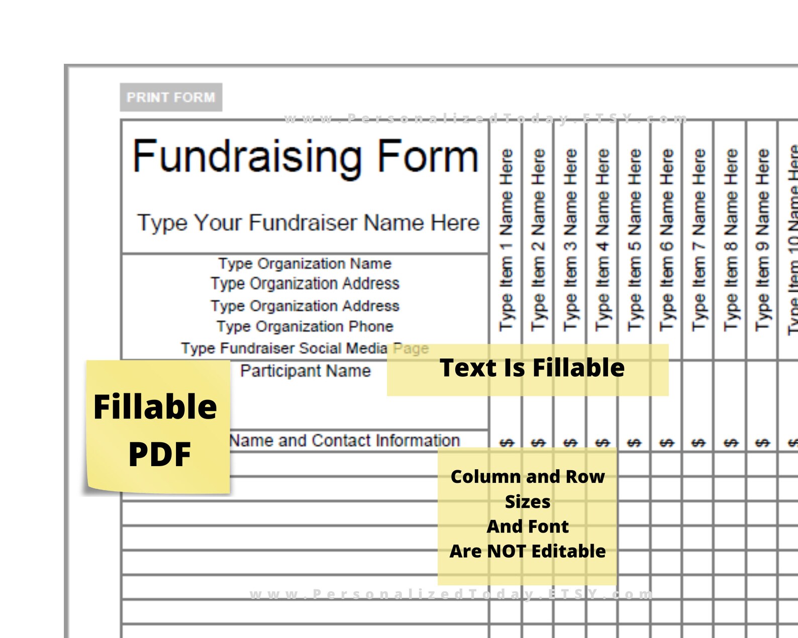 15 Slots Printable Fundraising Form PDF Digital Download With - Etsy