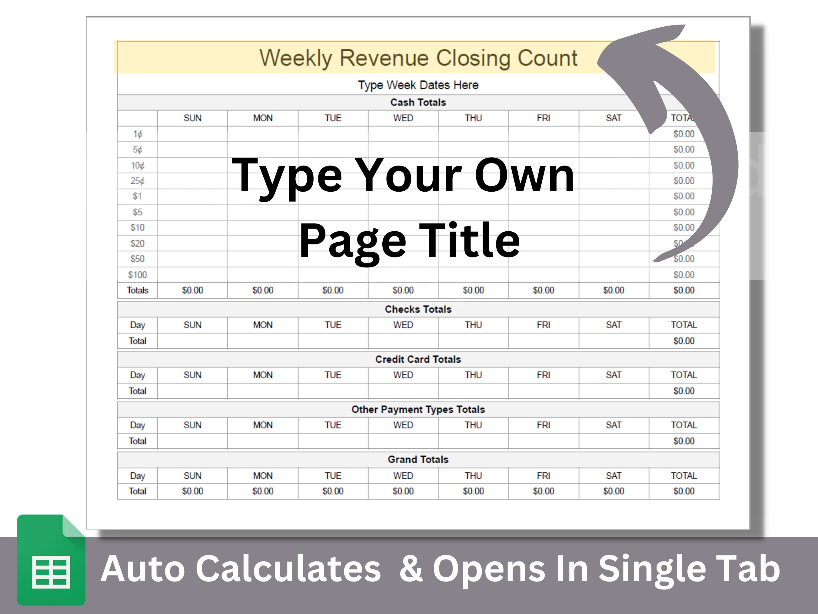 Weekly Closing Revenue Count Google Sheets Editable Spreadsheet ...