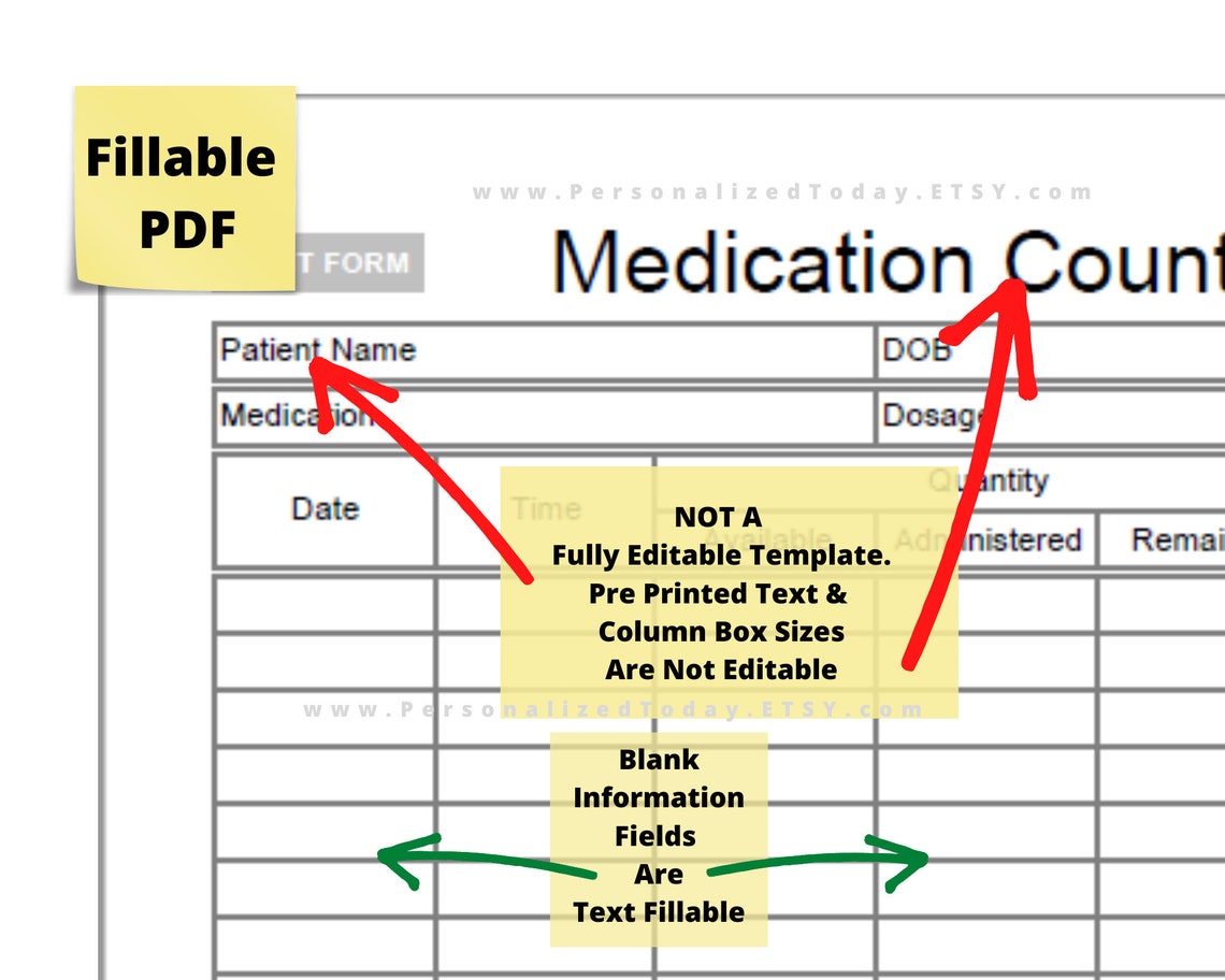 PDF Medication Count Sheet 1 Printable & 1 Text Input Fillable US ...