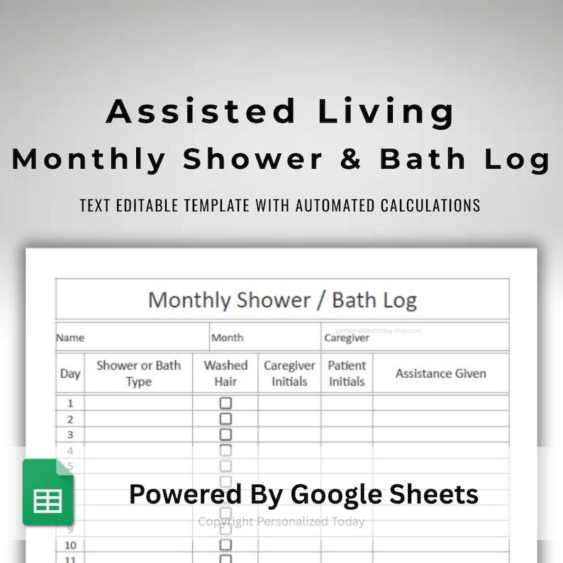 Assisted Living Monthly Shower / Bath Log Google Sheets Text Editable ...