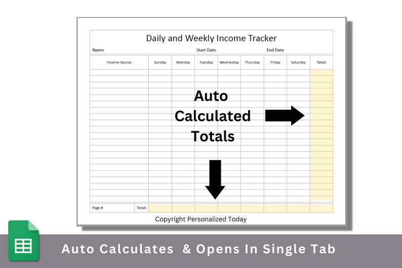 Daily Income Tracker With Weekly Totals Daily Revenue Log Google Sheets ...