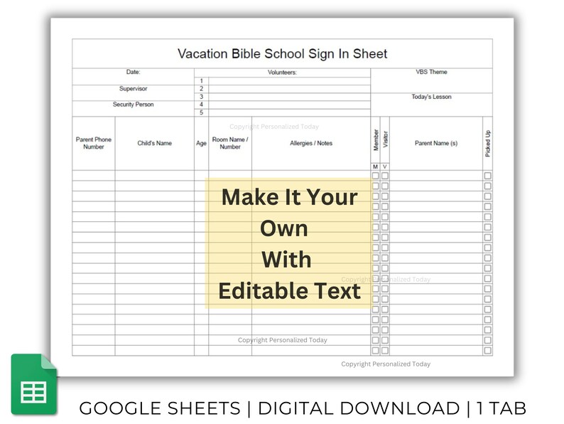 Vacation Bible School Sign in VBS Youth Church Attendance Sheet Kids ...