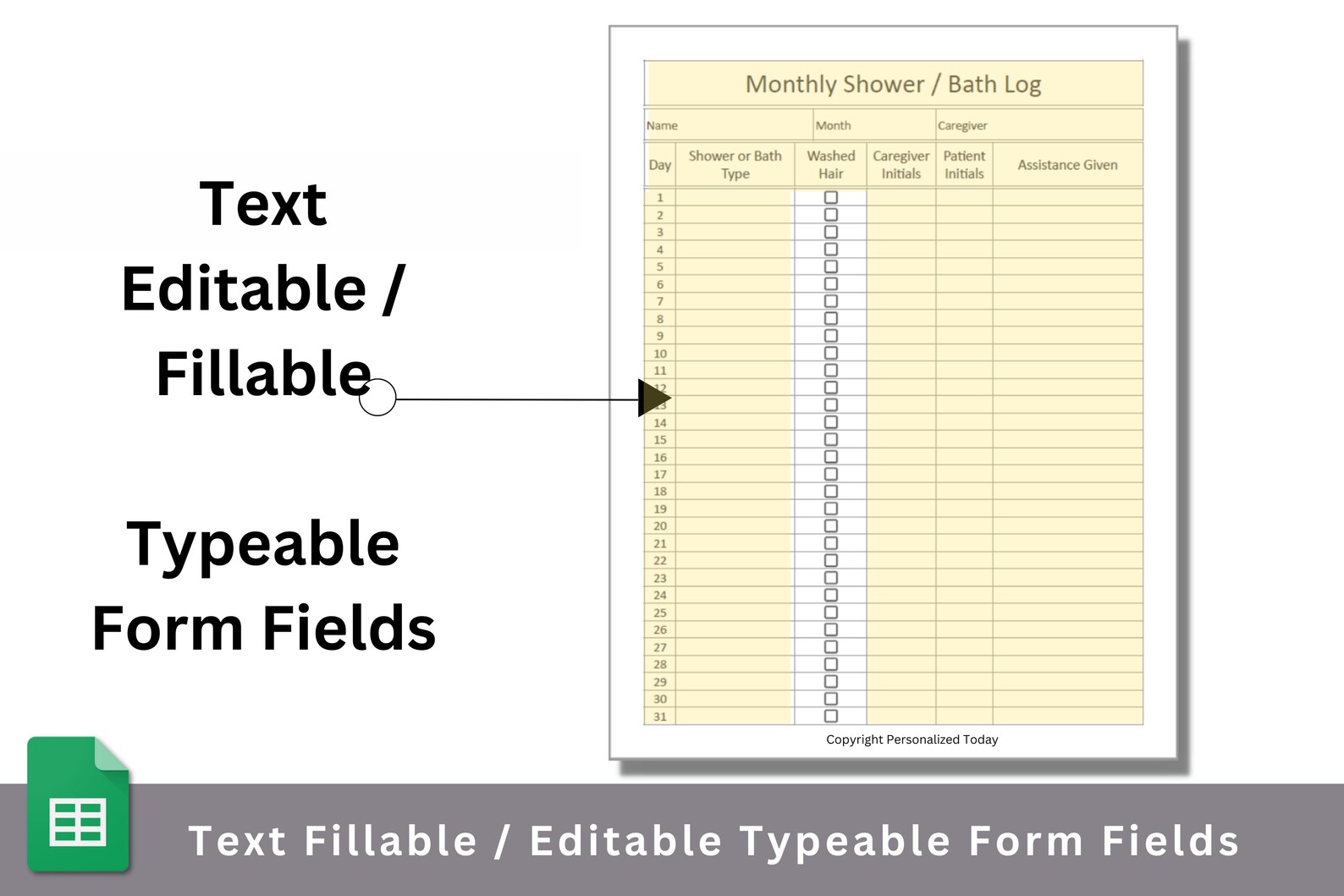 Assisted Living Monthly Shower / Bath Log Google Sheets Text Editable ...