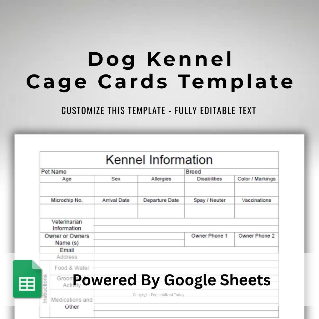 Google Sheets Kennel Crate Card Template for Pet Care and Emergency ...