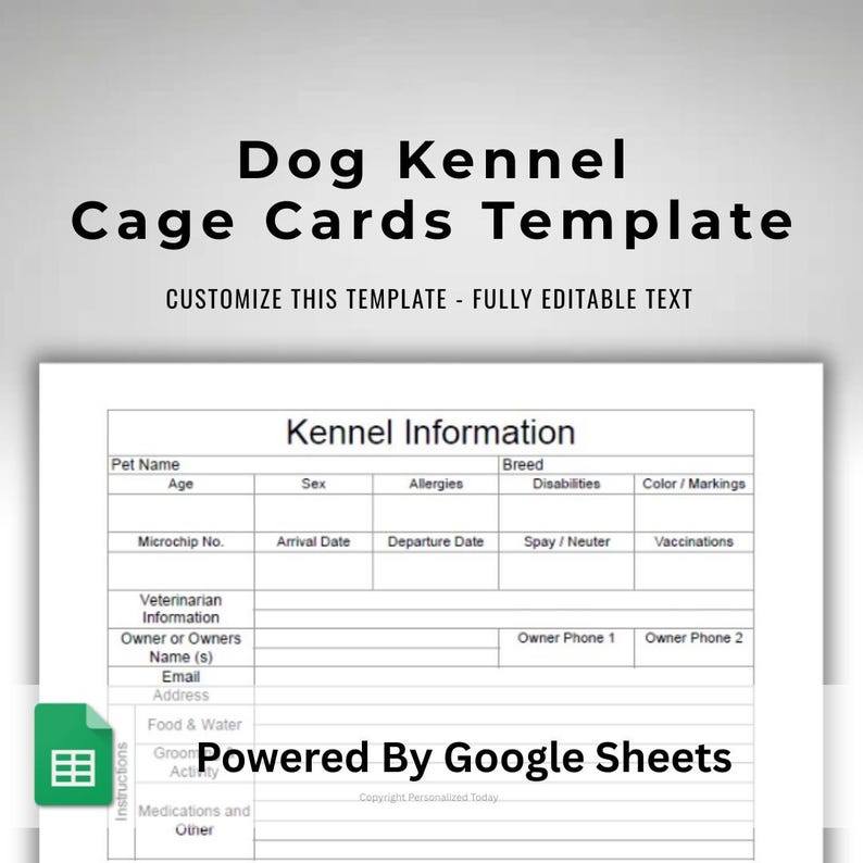 Google Sheets Kennel Crate Card Template for Pet Care and Emergency ...