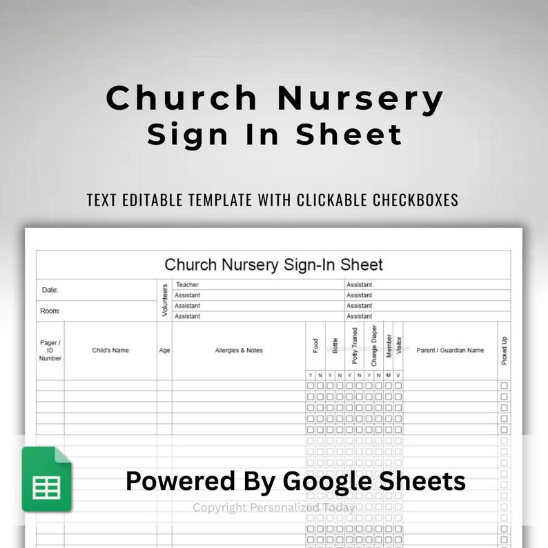 Church Nursery Sign in Sheet Text Editable Google Sheets Template - US ...