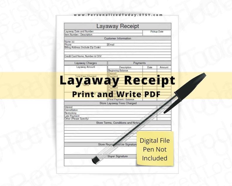 Layaway Receipt Fillable and Print and Write PDF Digital | Etsy Australia