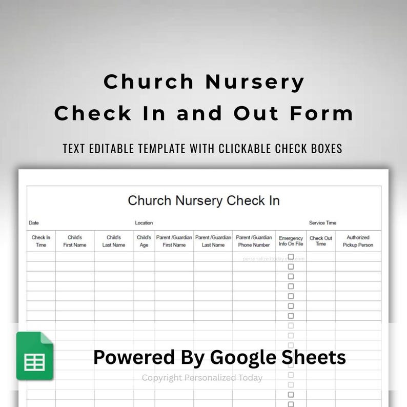 Google Sheets Church Nursery Check in and Out Sheet - Kids Church ...