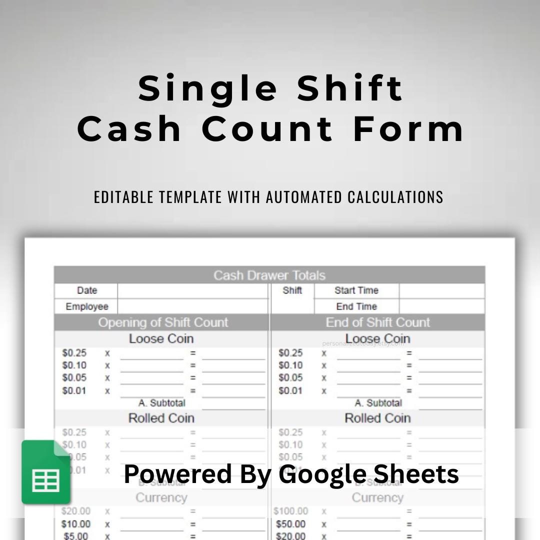 Cash Register Count Single Shift Google Sheets Editable Spreadsheet ...