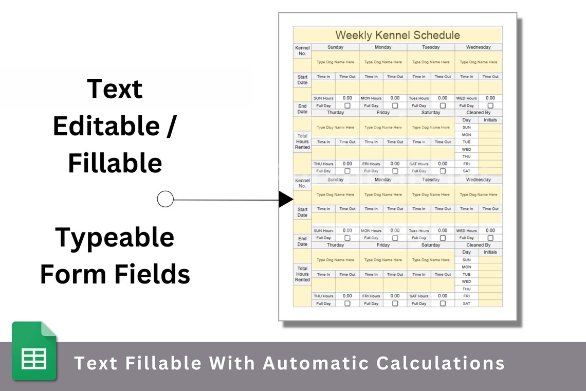 Weekly Dog Kennel Schedule Template Google Sheets Editable Spreadsheet ...