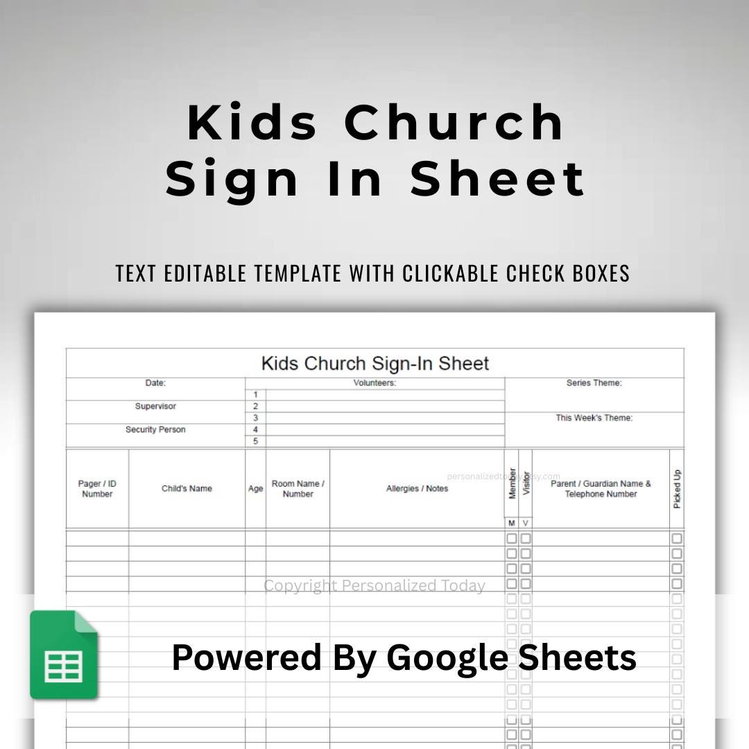 Google Sheets Kids Church Sign in Sheet Template Text Fillable / Text ...