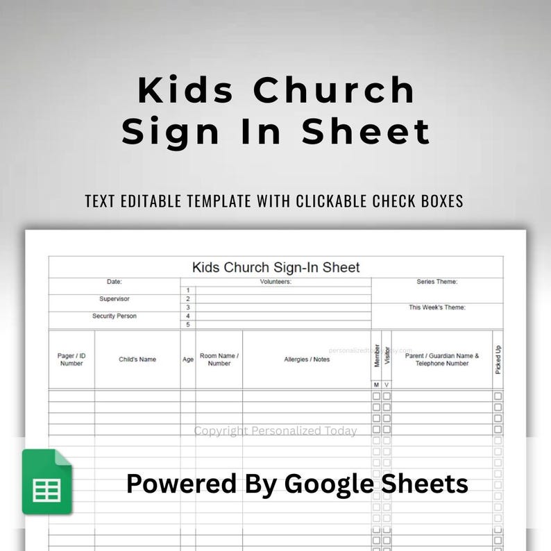 Google Sheets Kids Church Sign in Sheet Template Text Fillable / Text ...