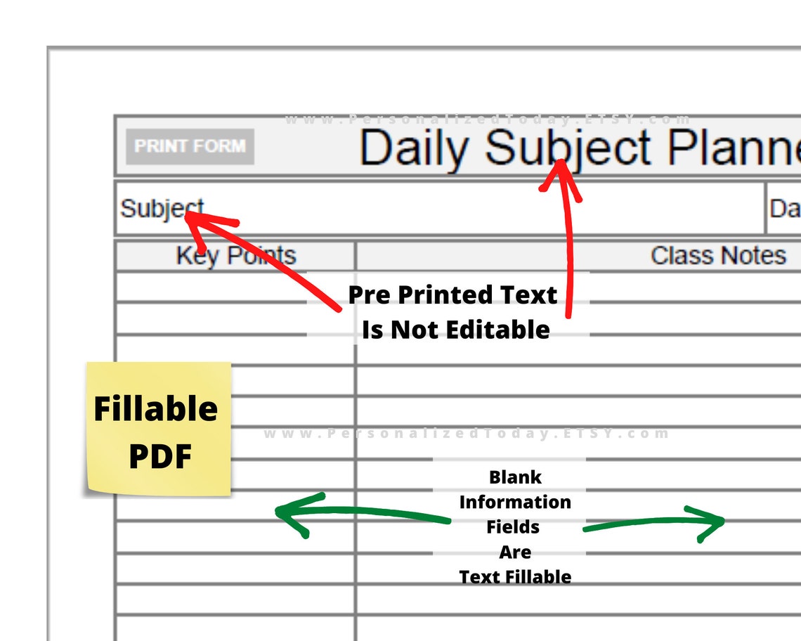 Printable Daily Subject Planner Fillable and Print and Write - Etsy