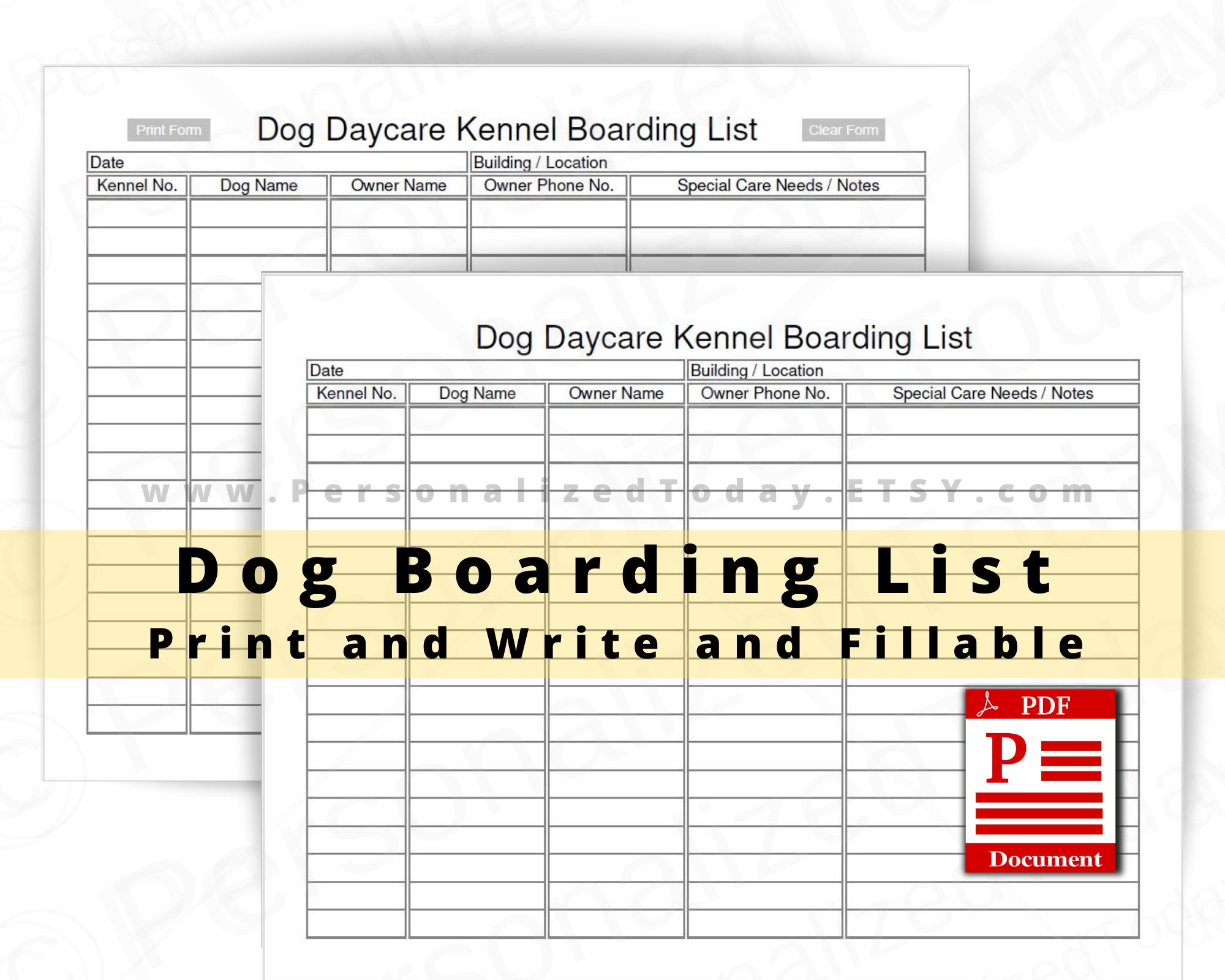 Dog Daycare Kennel Boarding List Text Input Fillable And Print