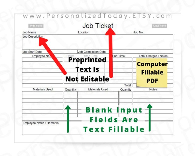 Job Ticket Work Order Form Fillable PDF US Letter Size Digital Download ...