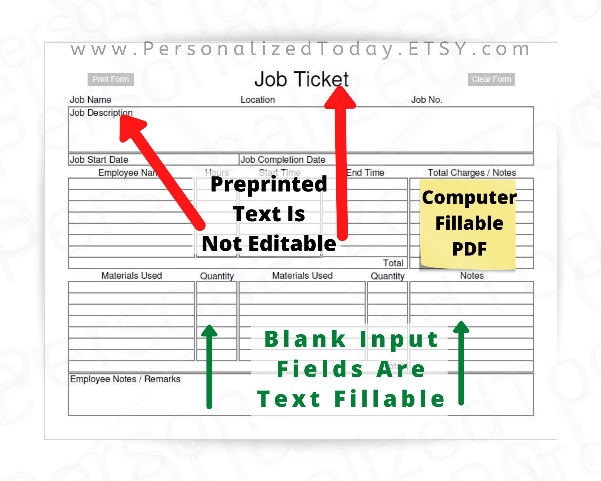 Job Ticket Work Order Form Fillable PDF US Letter Size Digital - Etsy