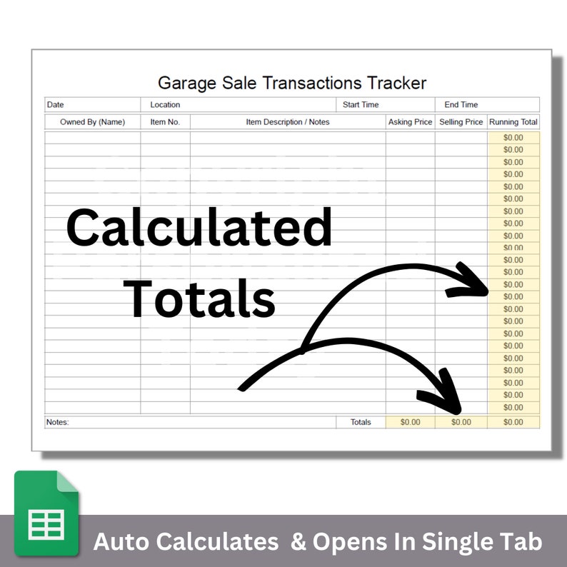 Garage Sale Transactions Tracker Google Sheets Editable Spreadsheet ...
