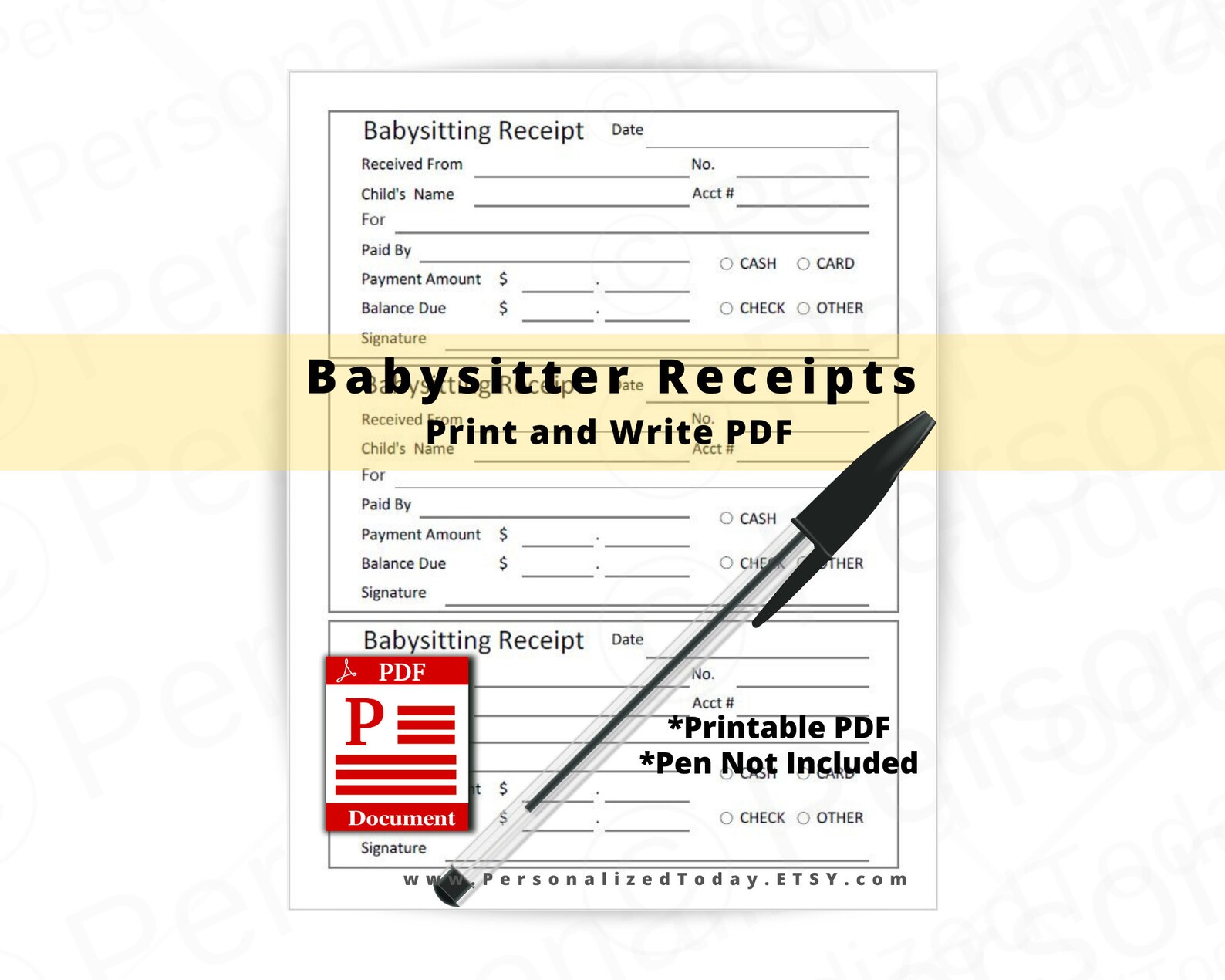 Printable Babysitter Receipts Fillable And Print And Write PDF Etsy