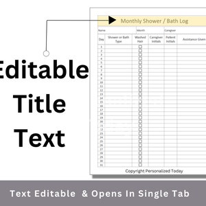 Assisted Living Monthly Shower / Bath Log Google Sheets Text Editable ...