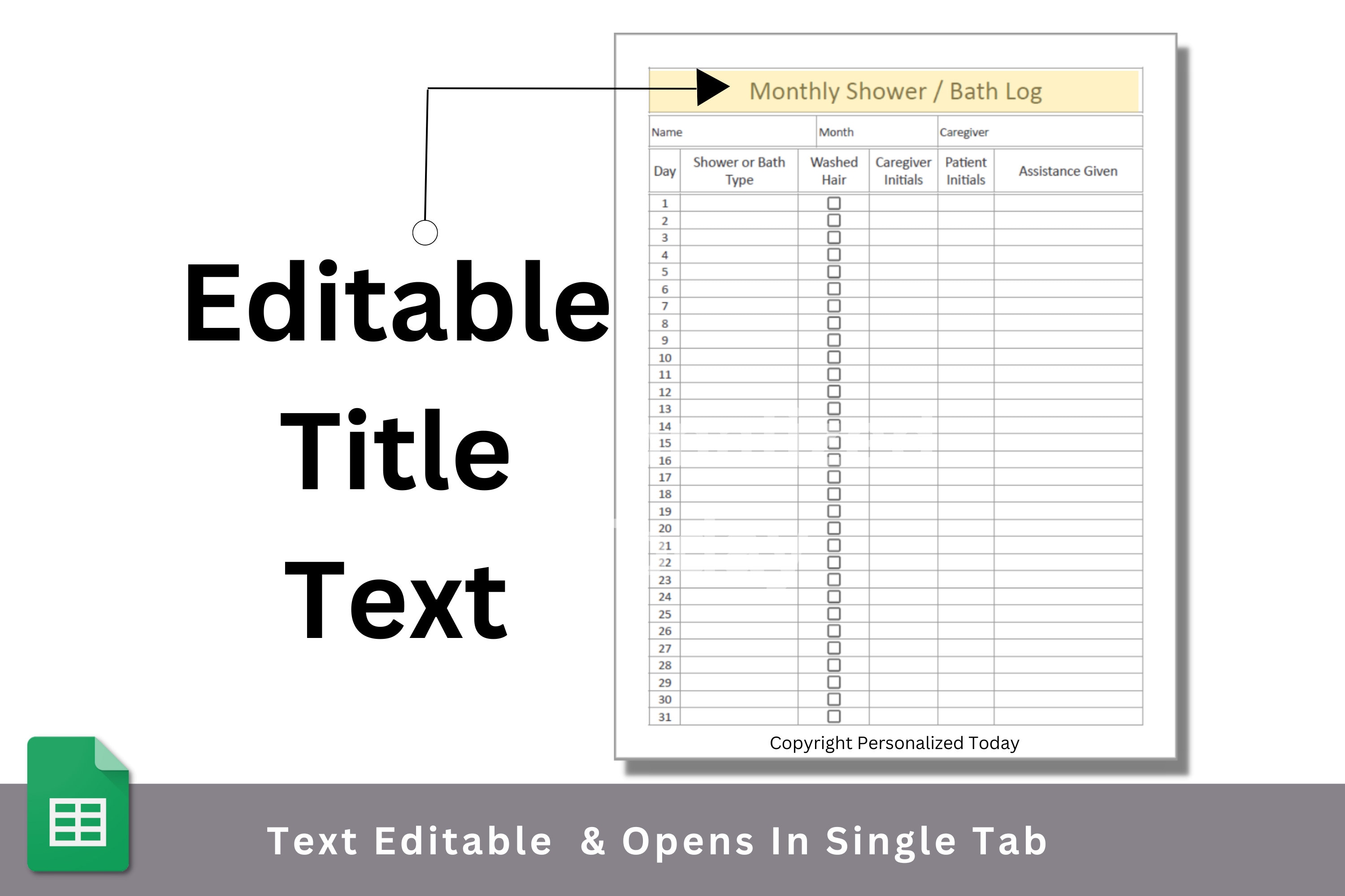 Assisted Living Monthly Shower / Bath Log Google Sheets Text Editable ...