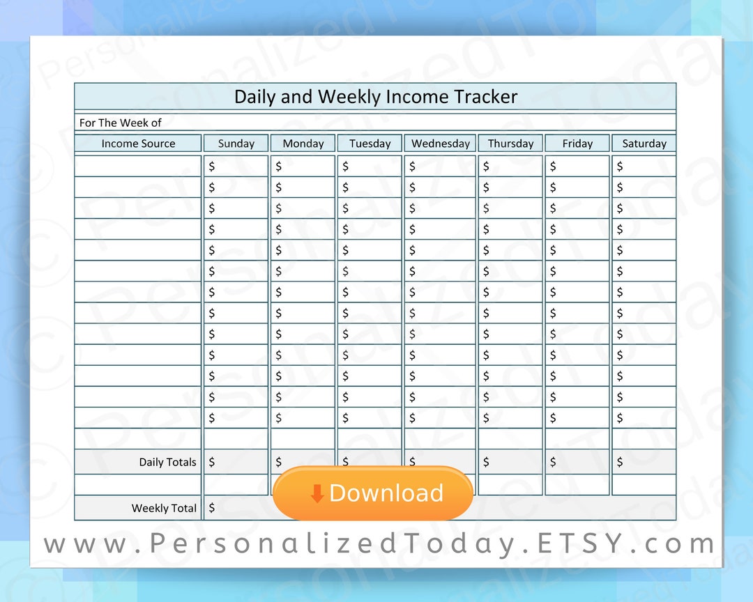 Printable Daily and Weekly Income Tracker Earnings Worksheet PDF ...