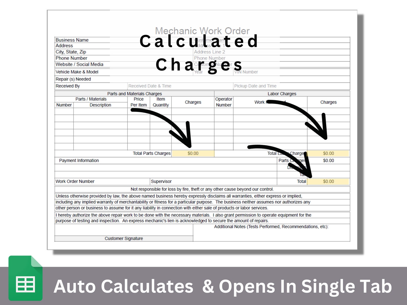 Mechanic Work Order Automotive Invoice Google Sheets Editable ...