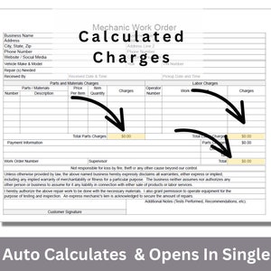 Mechanic Work Order Automotive Invoice Google Sheets Editable ...