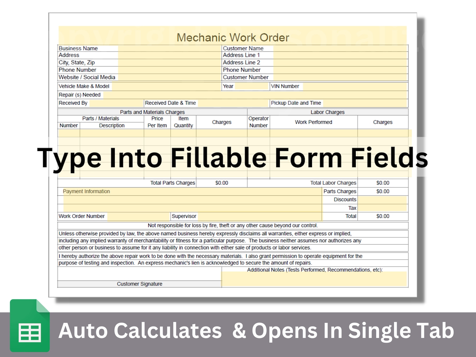 Mechanic Work Order Automotive Invoice Google Sheets Editable ...