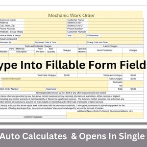 Mechanic Work Order Automotive Invoice Google Sheets Editable ...