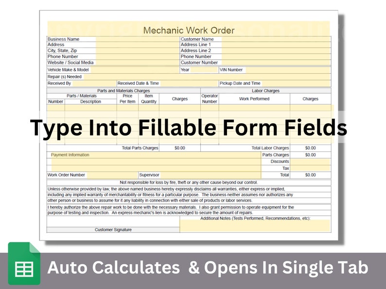 Mechanic Work Order Automotive Invoice Google Sheets Editable ...