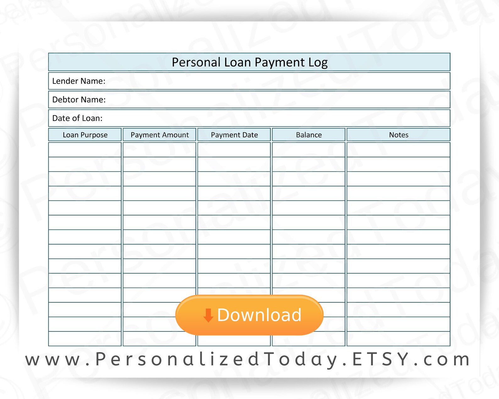 Printable Personal Loan Payment Log Vertical Tall and | Etsy