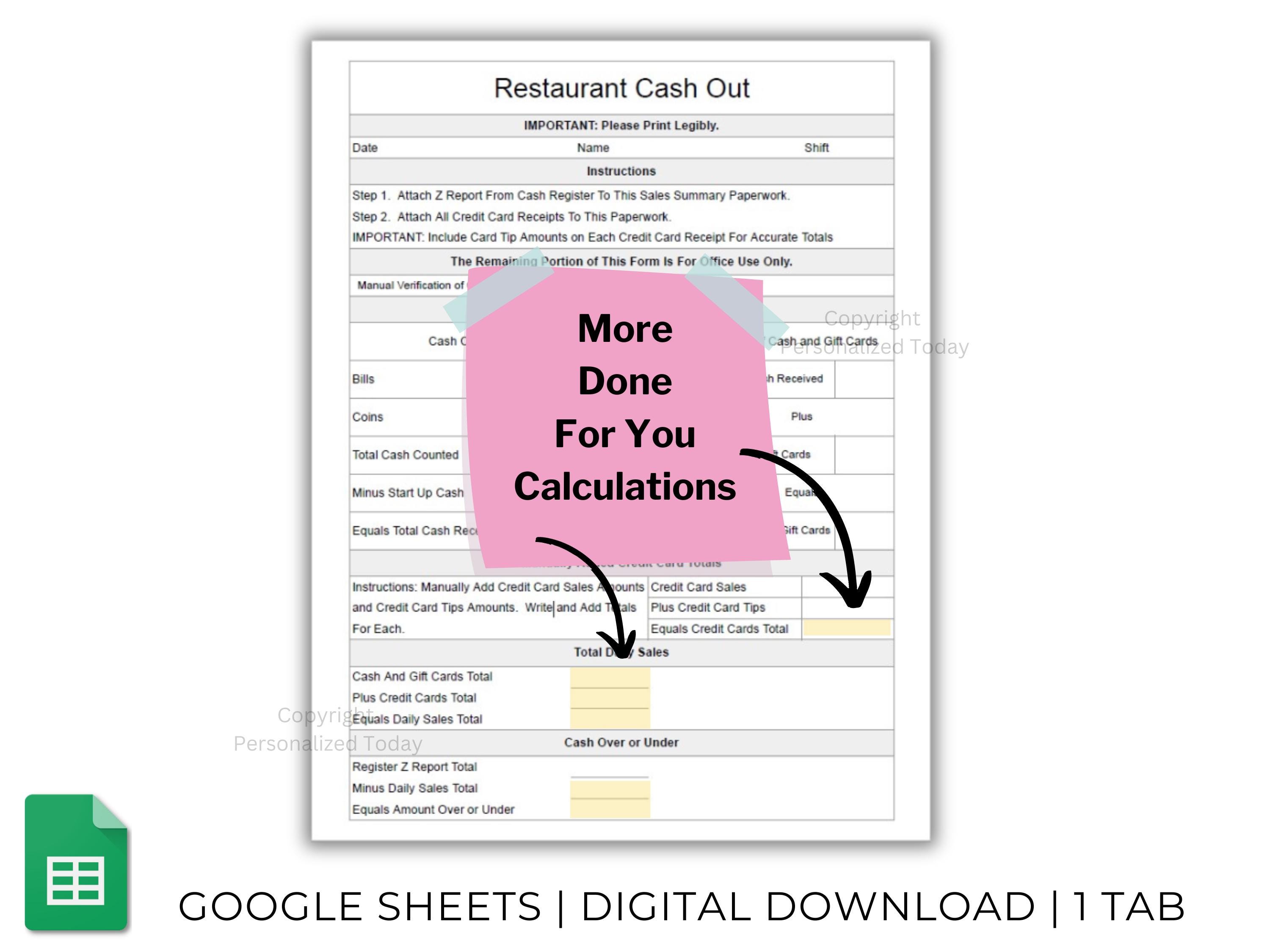 Restaurant End of Day Cash Out Template - Restaurant Register Cash Out ...