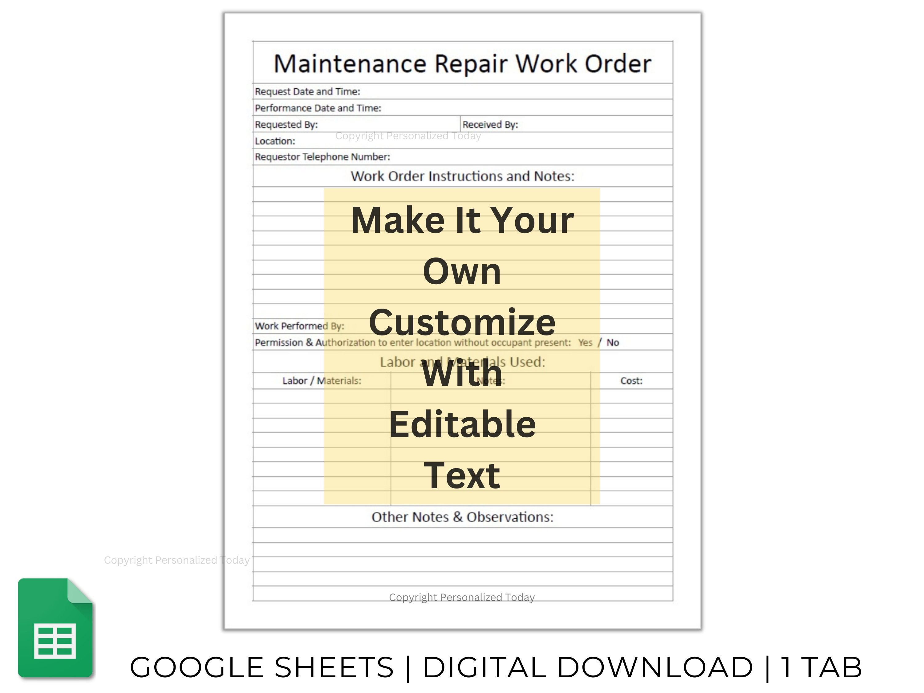 Maintenance Repair Work Order Template Property Upkeep Service and ...