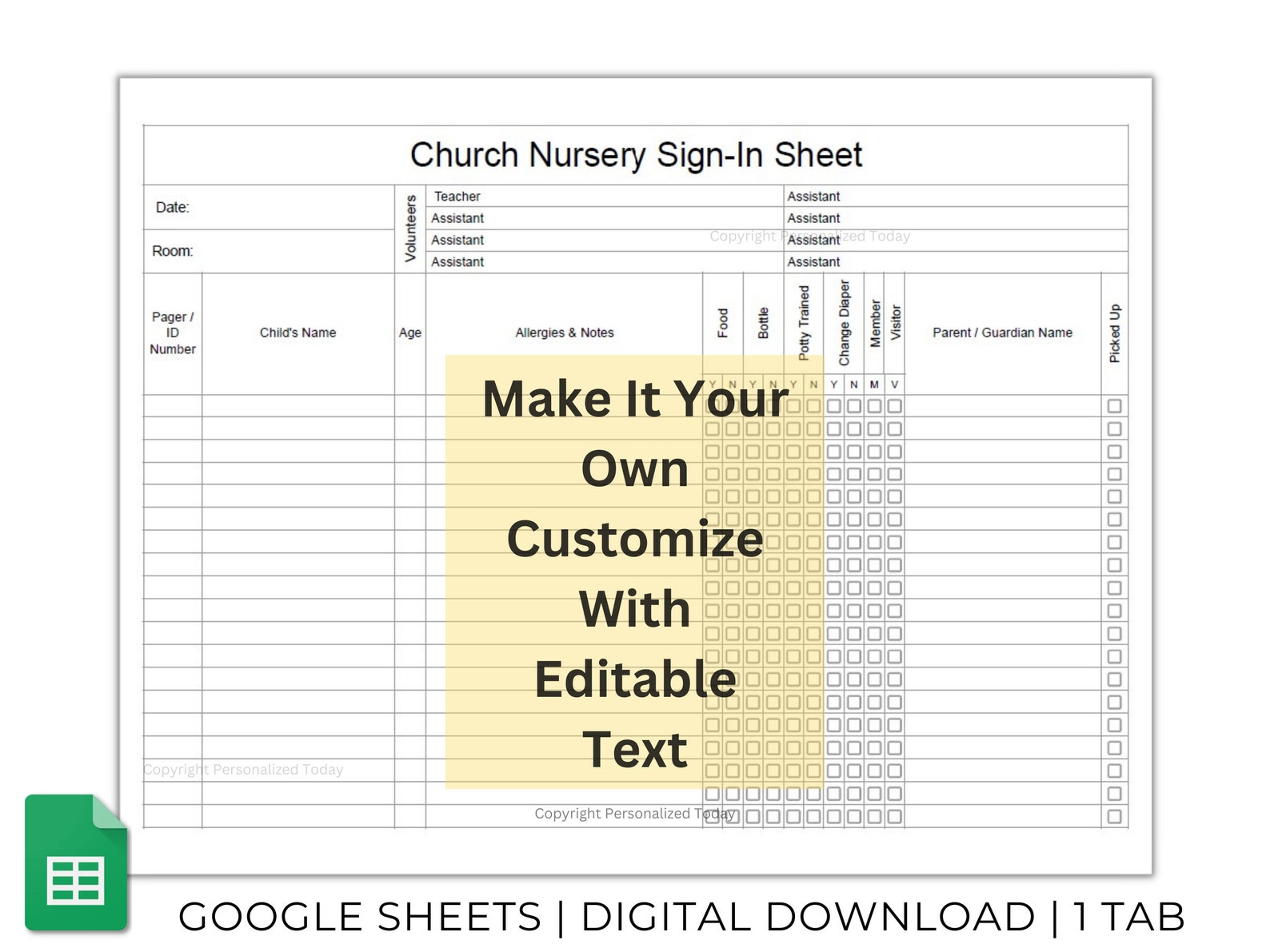 Church Nursery Sign in Sheet Text Editable Google Sheets Template - US ...