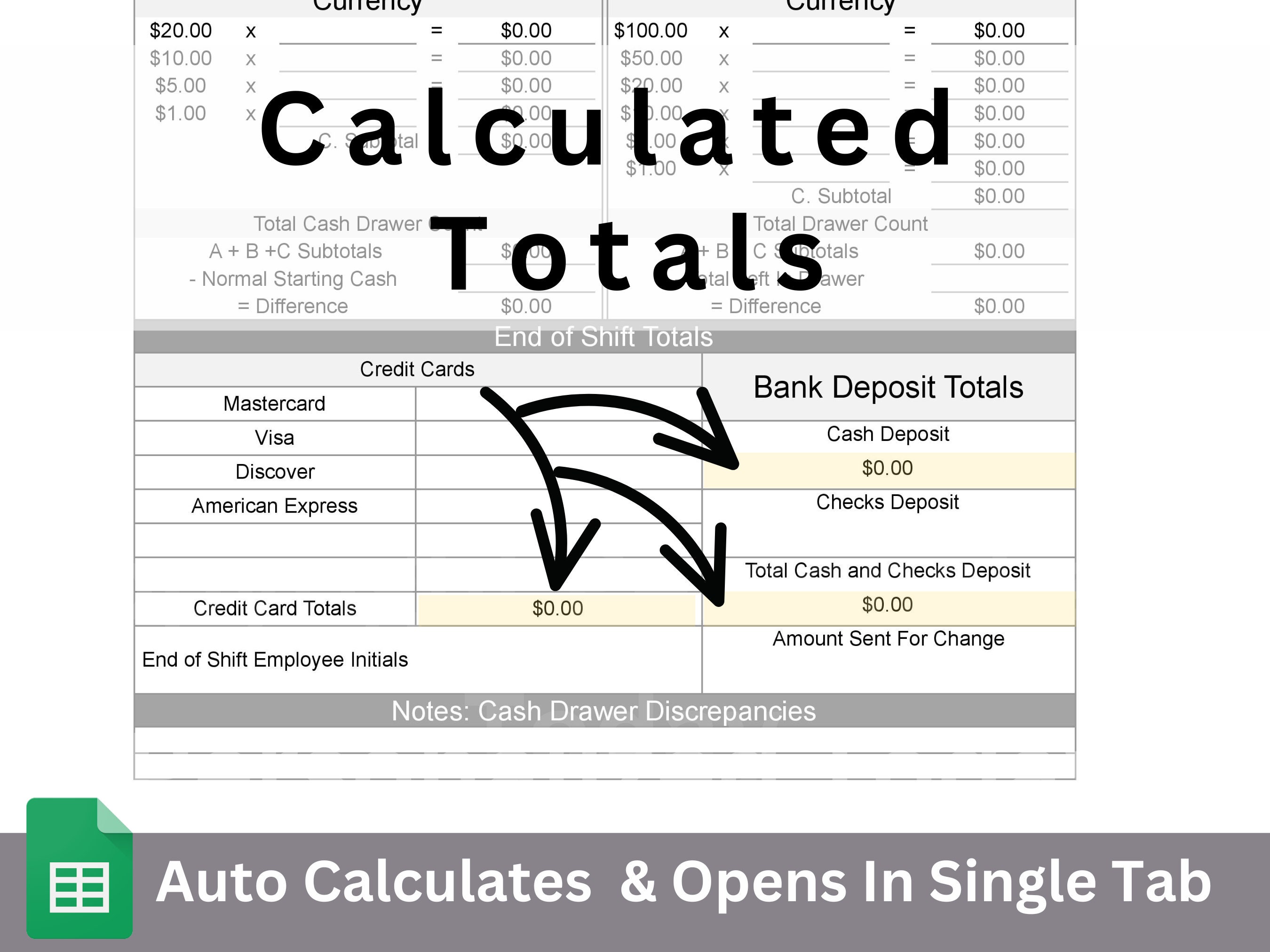 Cash Register Count Single Shift Google Sheets Editable Spreadsheet ...