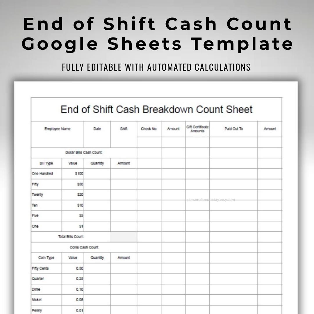 Google Sheets Cash Breakdown Count Sheet for End of Shift Drop ...