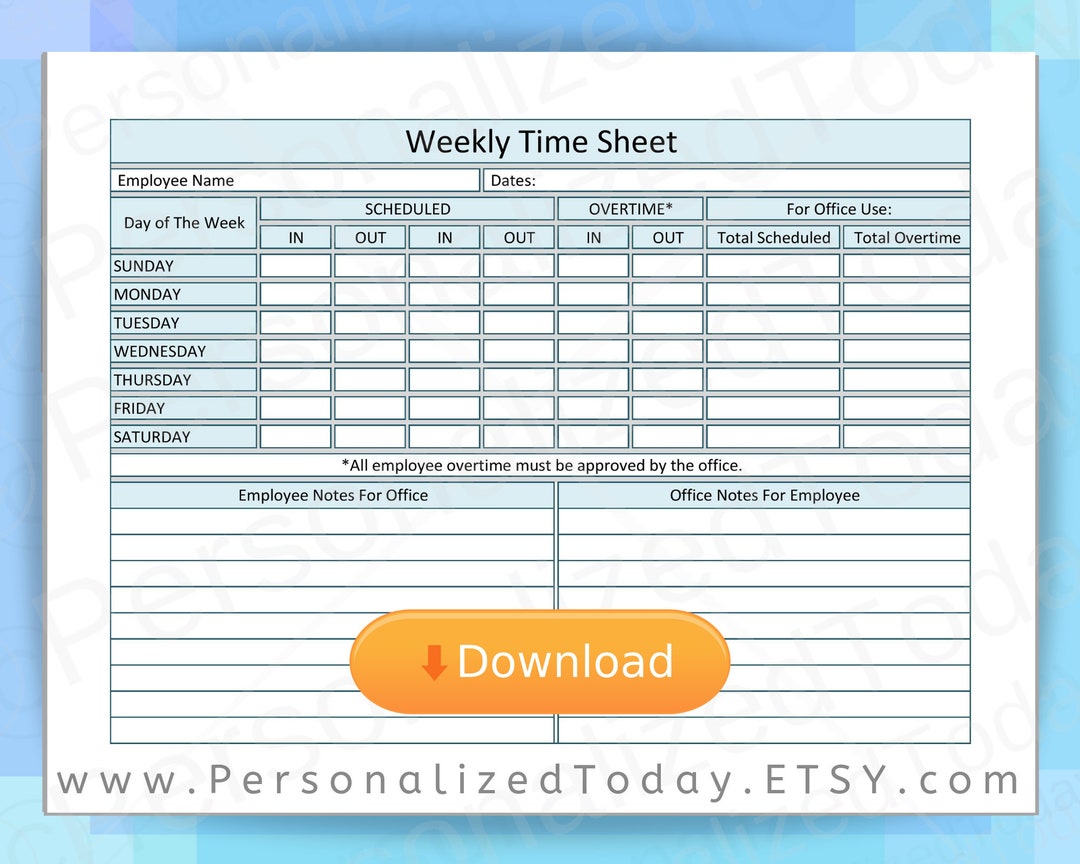 Printable Weekly Time Sheet Digital Download Track and Total - Etsy