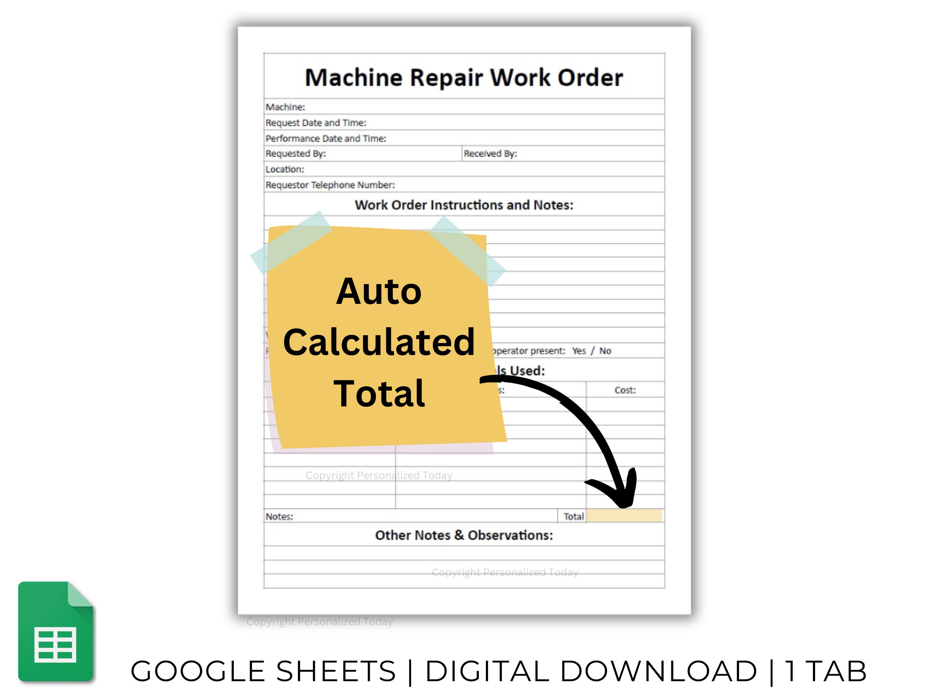 Basic Machine Work Order Form Equipment Service and Repair Technician ...