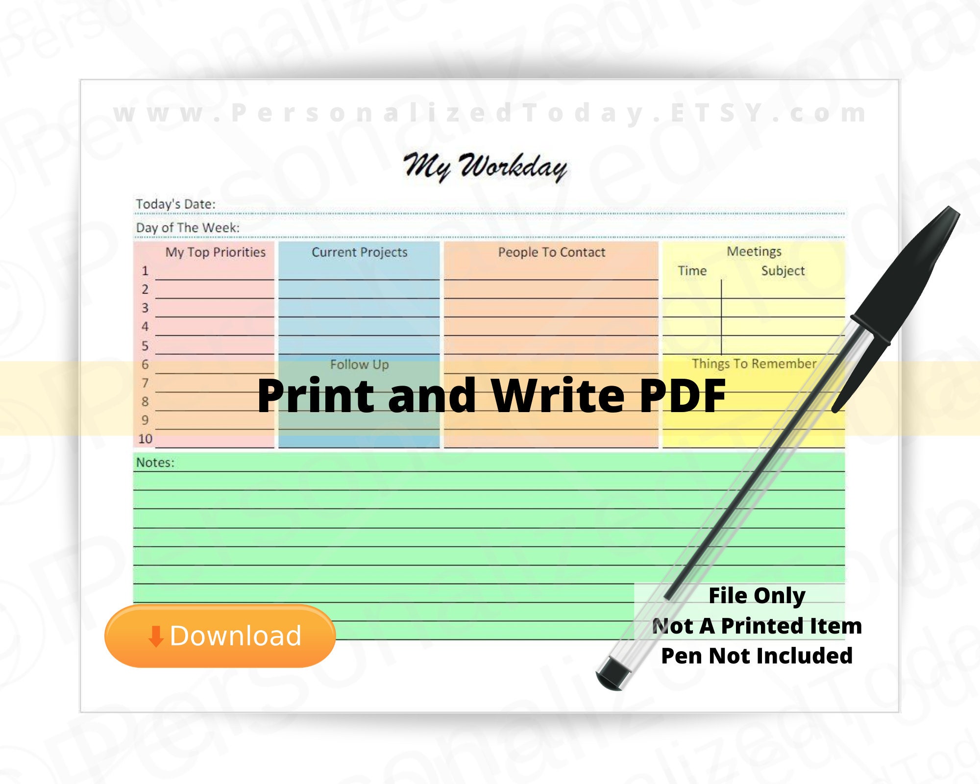 Work Day Planner Print and Write PDF Organizer Daily To Do | Etsy
